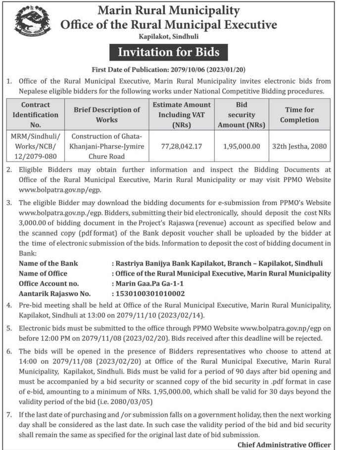 Invitation for Bids for the Construction of Ghata-Khanjani-Pharse-Jymire Chure Road | मरिण ...